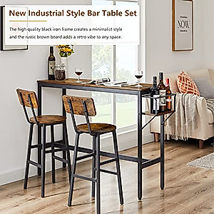 Tatub Bar Table and 2 Chairs Set, Industrial Style 3 Pieces Pub Dining Table Set with Collapsible Bottle Holder, 2 Bar Stools with Backrest for Kitchen, Apartment, Small Space
