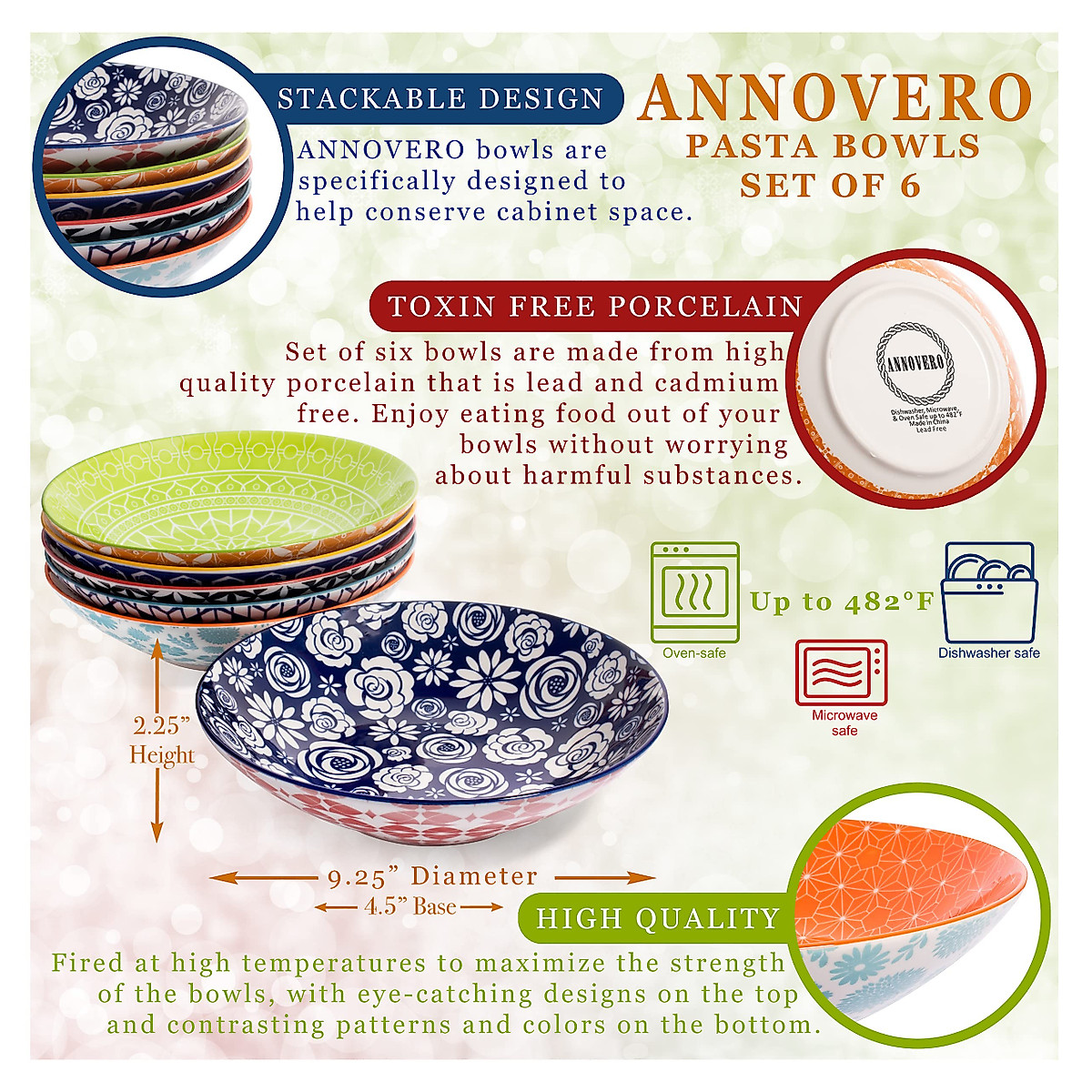Annovero Bundle - Dessert Plates, Pasta Bowls. Cute and Colorful Stoneware Dishes for Kitchen, Microwave and Oven Safe. Bundle