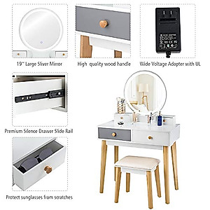 CHARMAID Vanity Set with Lighted Mirror, 3 Color-Touch Screen Dimming Mirror, Adjustable Brightness, Bedroom Vanity Makeup Dressing Table with 4 Drawers and Cushioned Stool for Girls Women