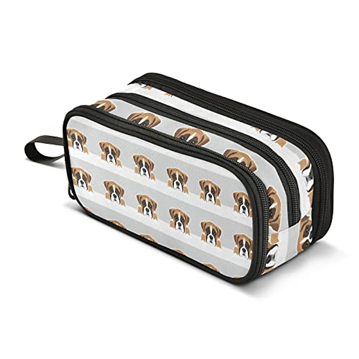 Boxer Dog Face Heads Seamless on White Grey Pencil Case, Pen Marker Stationery Bag Holder Pencil Bag Storage Pouch for School College Zipper Pouch Case Office Portable