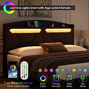 PDCOAK Full Bed Frame with Storage Headboard, Upholstered LED Bed Frame with 2 Storage Drawers Charging Station,Wood Slats Support, No Box Spring Needed, Noise Free, Grey