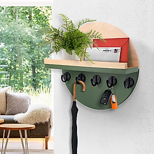 CRAKTH Key and Mail Holder for Wall Decorative, Wooden Boho Key Hanger with Shelf, Unique Two-Tone Circular Design Entryway Key Rack - Brown & Green