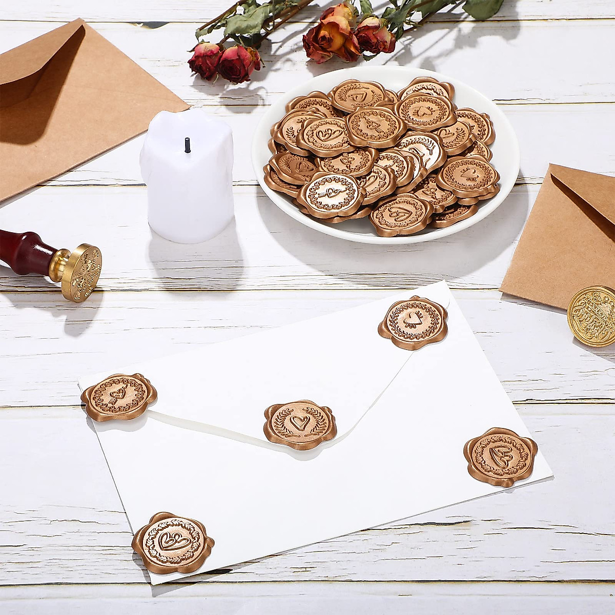 80 Pieces Wax Seal Stickers Envelope Seal Stickers Wedding Invitation Envelope Seals Self Adhesive Gold Stickers for Invitations Cards Party Favors (Heart Style)