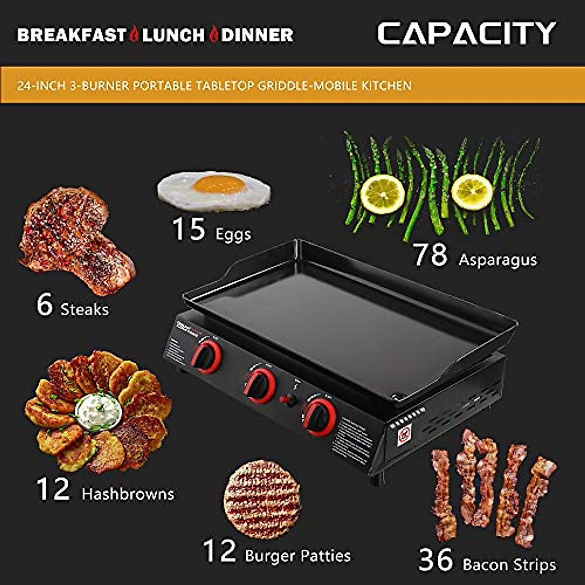 Royal Gourmet PD1303A 24-Inch 3-Burner Portable Tabletop Griddle, 24,000 BTU Propane Gas Grill Tabletop Usa for Patio, Deck, Backyard, Tailgating, Camping and Picnic, Black