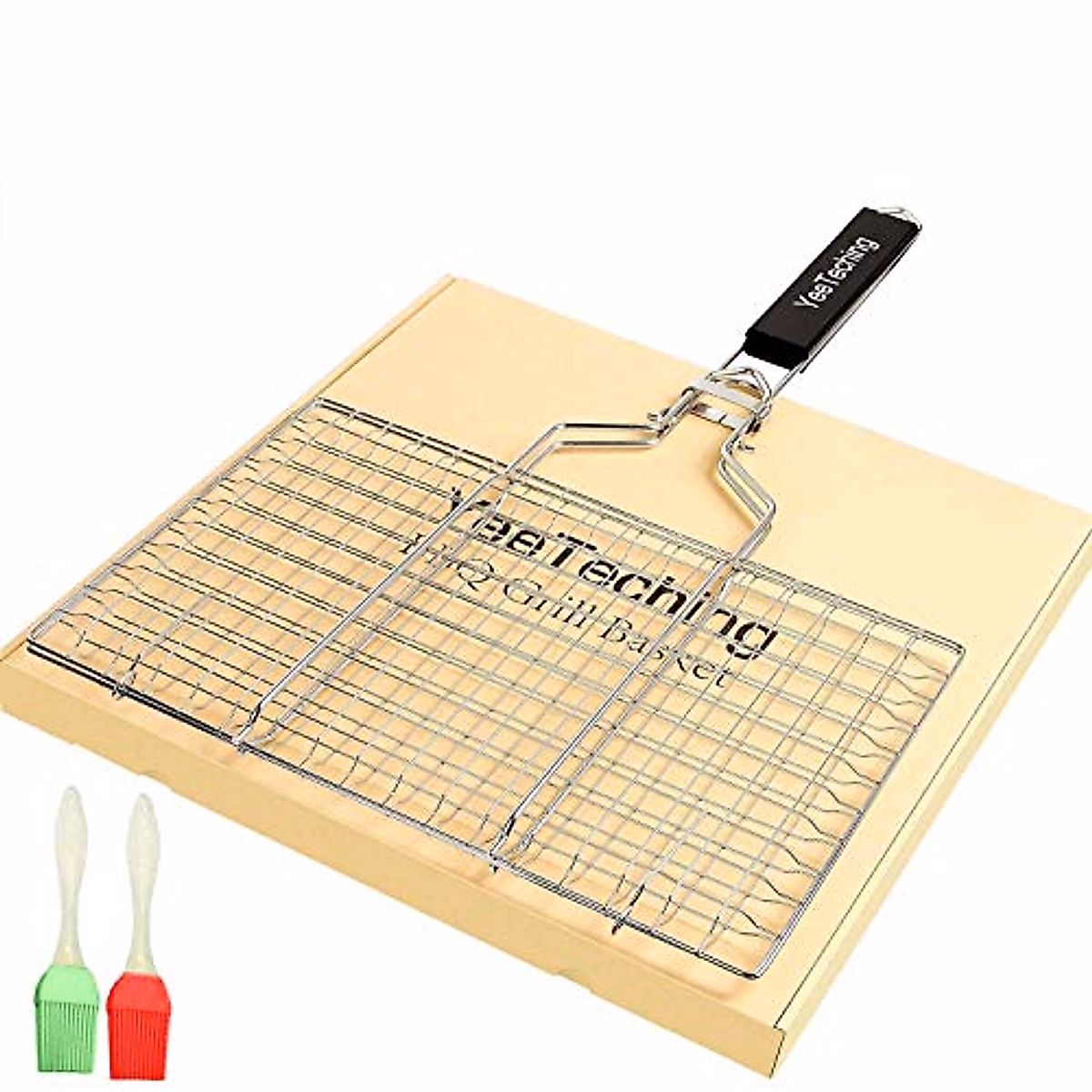 Yeeteching BBQ Grill Basket,430 Durable Food Grade Stainless Steel Fish Grilling Basket with Removable Handle for Fish Vegetable Steak Shrimp with 2 Pack Brushes (grill basket+brushes)