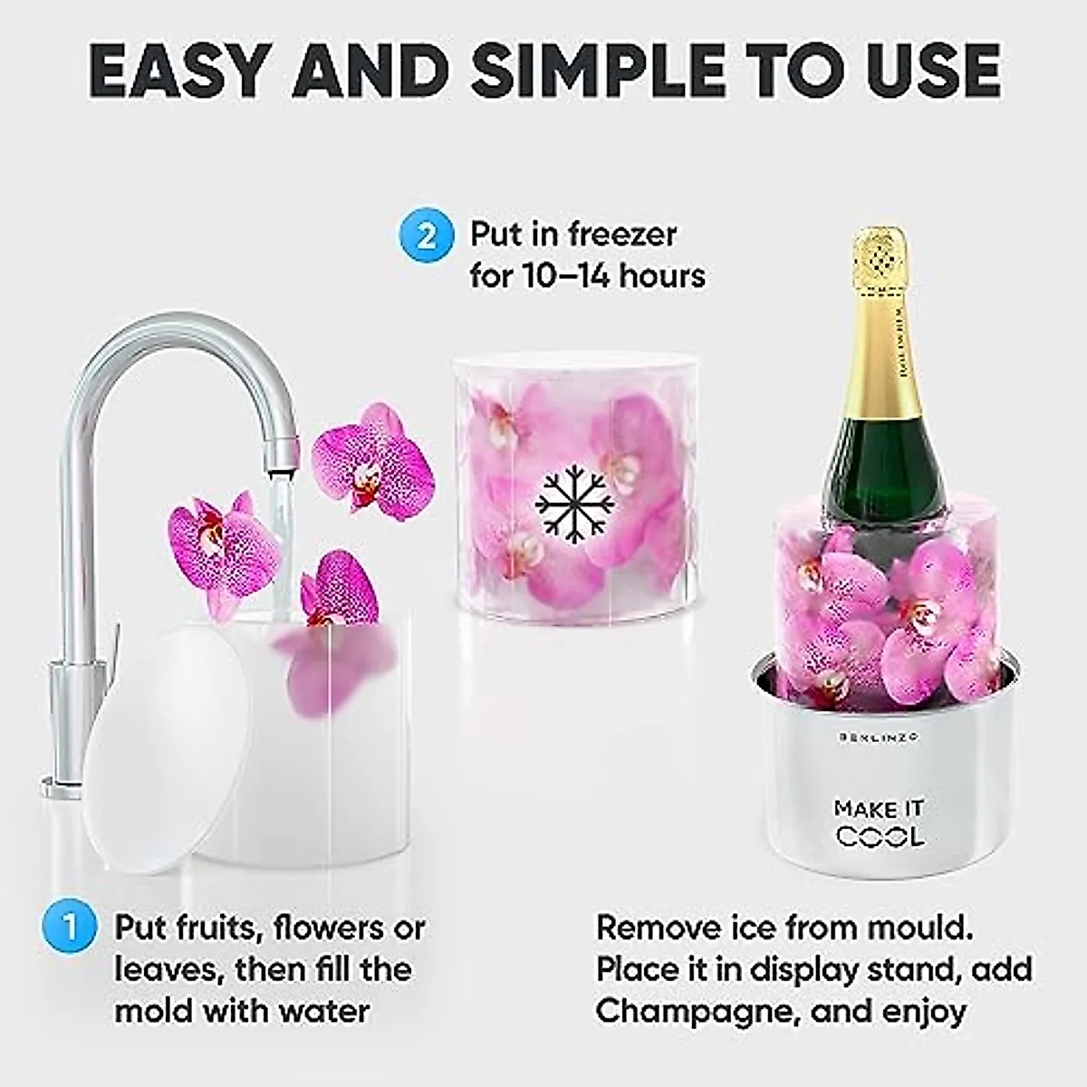 Berlinzo Ice Mold Wine Bottle Chiller - DIY Floral Ice Bucket Mold for Cooling Champagne & Other Beverage Bottles Up To 3.5 Inches Wide - Floral Orchid Decorations for Parties, Weddings & Celebrations