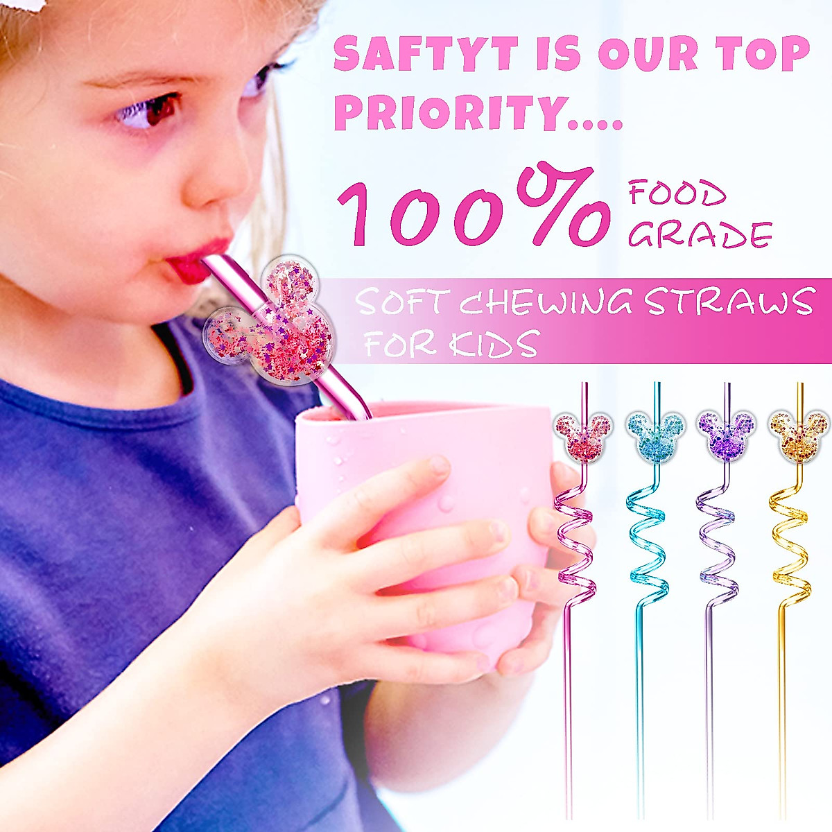 24Pcs Glitter Mouse Straws for Kids Party Favors, Straws for Birthday Party Supplies, Drinking Straws for Boys Girls Party Decorations