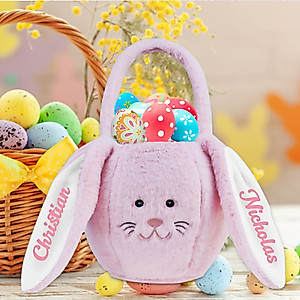 Personalized Easter Buckets with Name Custom Plush Buny Easter Basket with Handle Long Ears, Customized Egg Hunting Bags Easter Gift for Boys Girls, Easter Tote Bag for Candy（Brown）