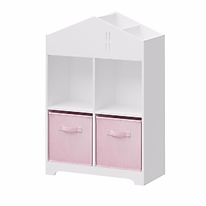Tzou Kids Dollhouse Bookcase with Storage, Toddler Bookshelf, 2-Tier Storage Display Organizer with 2 Collapsible Fabric Drawers for Boys Girls Bedroom, Playroom House Bookshelf White+Pink