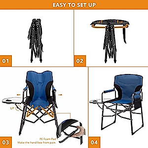 MaiuFun Folding Camping Chair with Side Table Portable Outdoor Director Chairs Heavy Duty Quad Support 330 lbs High Back Thicken Oxford with Padded Armrests, Storage Bag, Cup Holder(Blue)