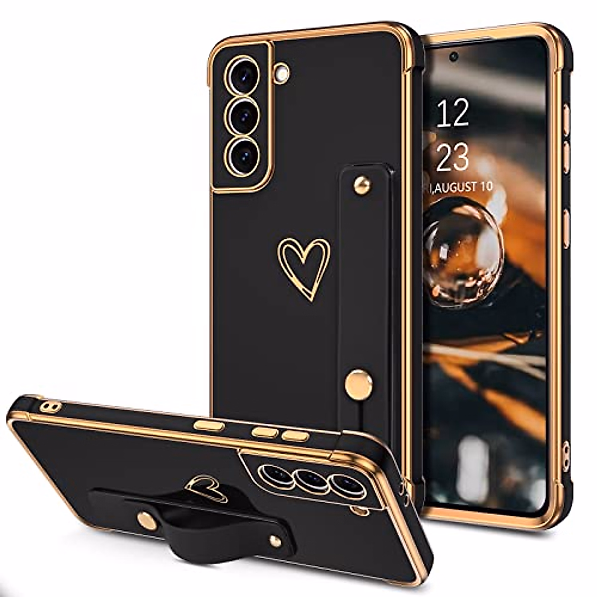 Telaso Samsung Galaxy S21 Case, Galaxy S21 Phone Case Love Heart Cute Case with Wristband Kickstand Holder Soft TPU Plating Bumper Protective Slim Shockproof Phone Case Cover for Girls Women, Black
