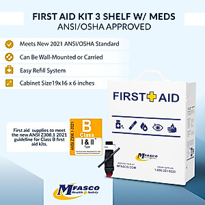 MFASCO 2021 ANSI/OSHA Compliant First Aid Kit - Large, Commercial 3-Shelf Metal Cabinet for Businesses, Wall Mountable - with Medications - ANSI Standard 2021 First Aid Kits, Class B Fill