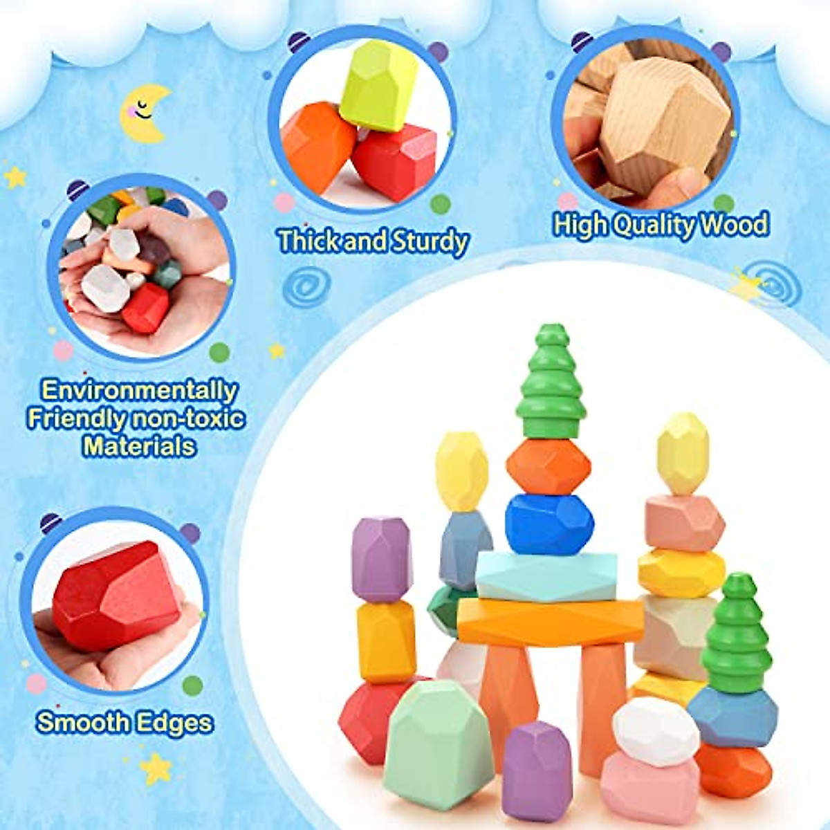 Wooden Stacking Rocks Toys, Montessori Toys for 1 2 3 year old, Stacking toys for toddlers, Sensory Educational Preschool Learning building blocks toys for Kids age 3-5, Birthday Game Gift Boys Girls