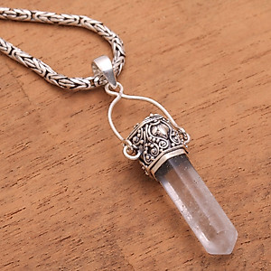 NOVICA Artisan Handmade Quartz Pendant Necklace Balinese Sterling Silver Crystal Indonesia Gemstone Floral Birthstone [19.75 in L 3 mm W Pendant(s) 2.4 in H x 0.6 in W x 0.4 in D] ' Crystal Amulet'