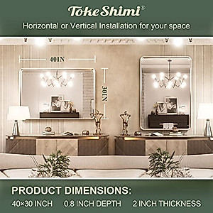 TokeShimi 40 x 30 Inch Brushed Silver Bathroom Mirror for Wall Brushed Brass Metal Rounded Corner Rectangle Mirror Metal Frame Deep Set Design Hangs Horizontal Or Vertical