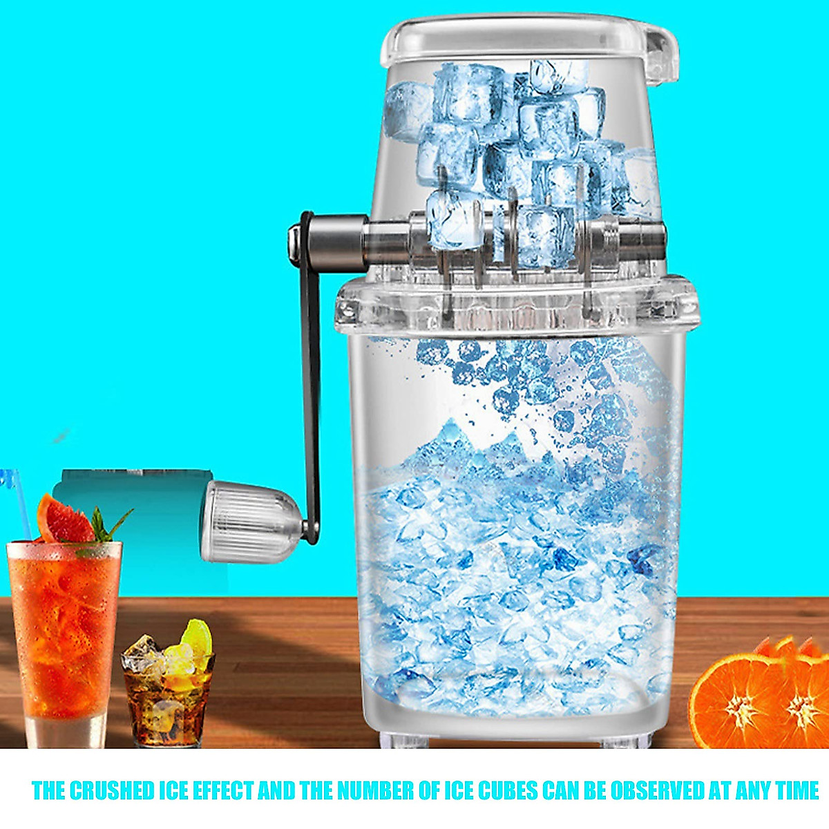 Hand Cranked Ice Crusher, Clear Rustproof Multifunctional Manual Ice Crusher Household Ice Breaker Mini Portable Ice Maker with Stainless Steel Blades for Home Kitchen(Transparent)