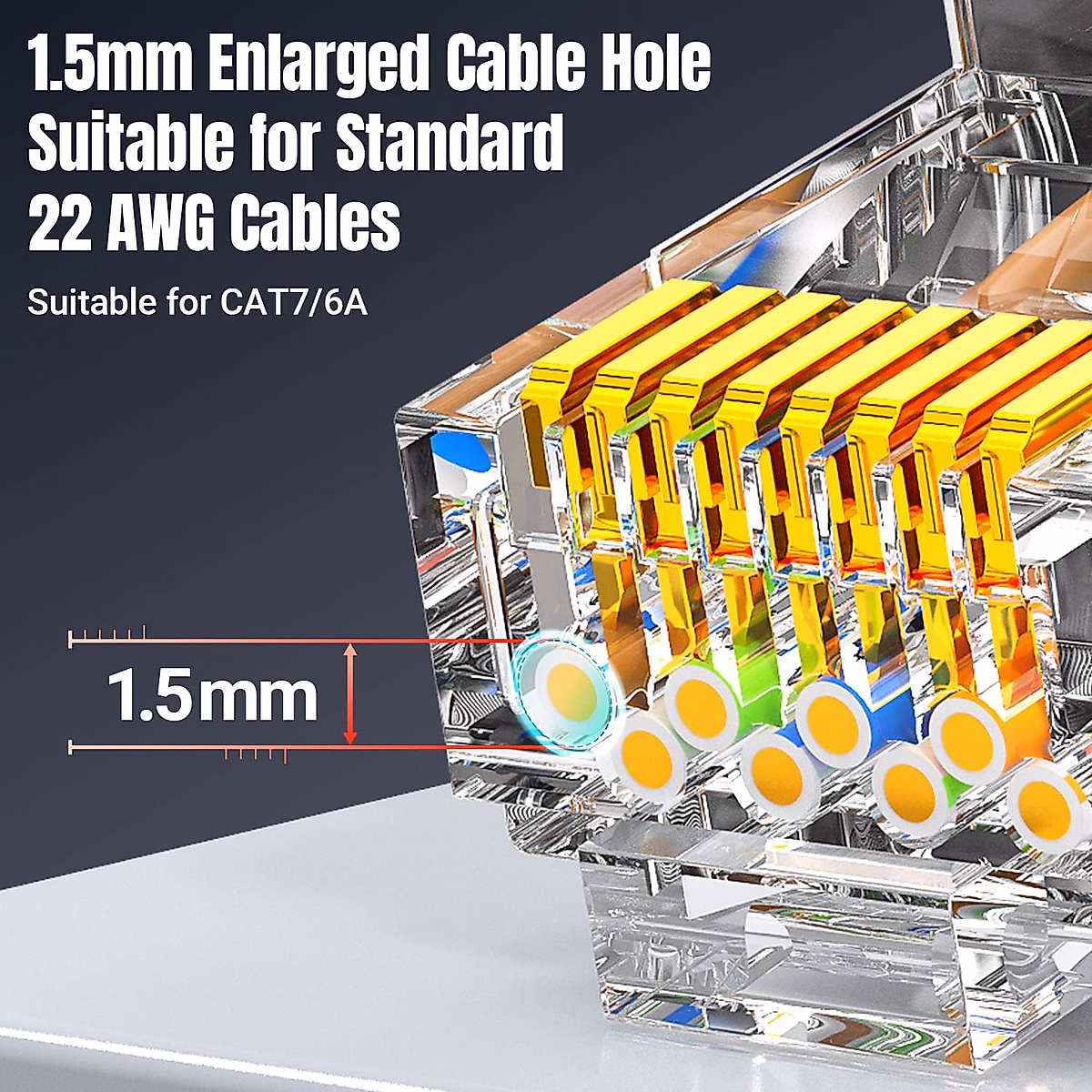 AMPCOM RJ45 CAT7 Connector (10 Pcs), 50u Gold Plated Shielded FTP/STP Nickel Plated Copper Case with Clamp Tail External Ground for 23 AWG Network Cable