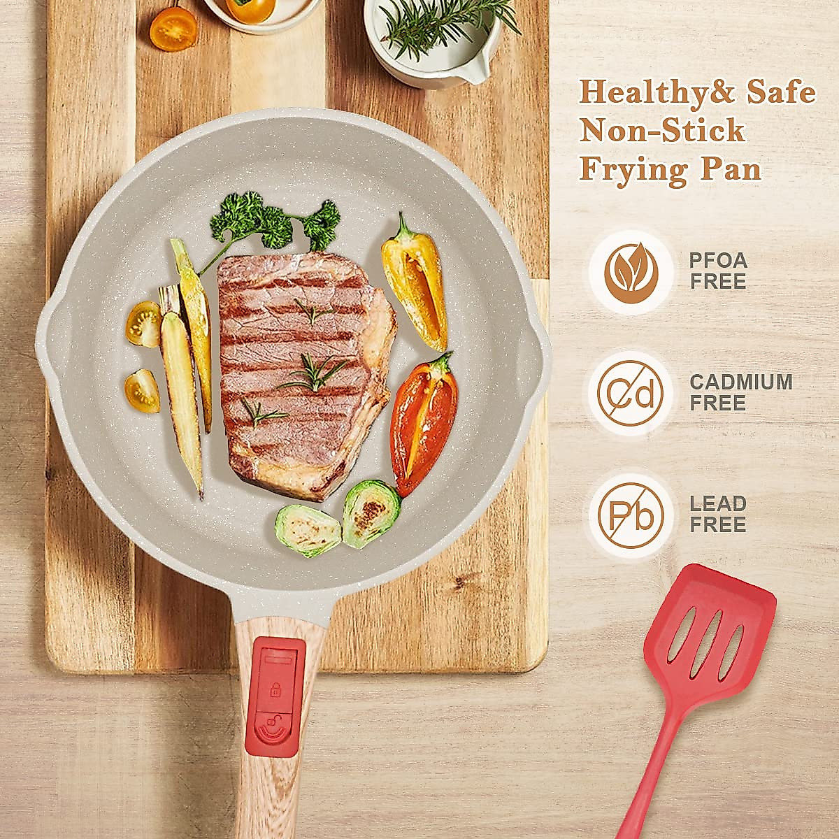 Bobikuke 5 Pcs Nonstick Deep Frying Pan Set with Removable Handle, 8"&9.5" &11" Granite Coating Non stick Skillets Cookware Set with Universal Lid, Oven& Dishwasher Safe (White)