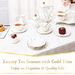 DUJUST 6 pcs Porcelain Tea Saucers, 6 inch, Luxury British Style Tea/Coffee Cup Saucers with Golden Trim, Beautiful Porcelain Tea Saucers for Living Room Decor, Tea Party Set, Gift Package - White