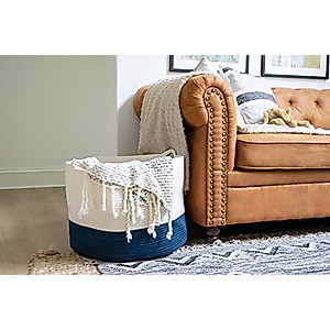Chloe and Cotton XXXL Extra Large Woven Rope Storage Basket 15 x 21 inch Navy White Handles | Decorative Laundry Clothes Hamper, Blanket, Towel, Baby Nursery Diaper, Toy Bin Cute Collapsible Organizer