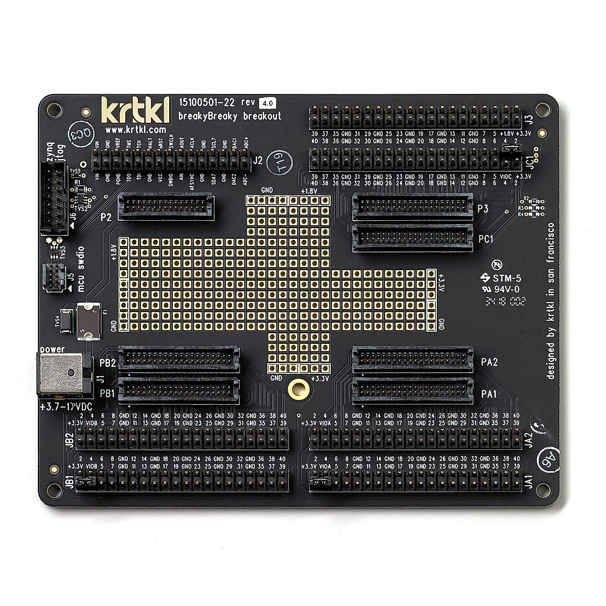 krtkl breakyBreaky snickerdoodle Baseboard – Breakout Board with 0.1" Headers, 270 I/O and JTAG