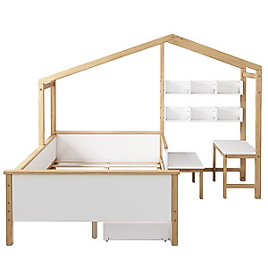 Harper & Bright Designs House Bed for Kids Full Storage Bed with Desk, Bench, Bookshelf and Drawers, Wooden Full Size Platform Bed with Guardrail, for Kids Teens Girls Boys (White + Natural)