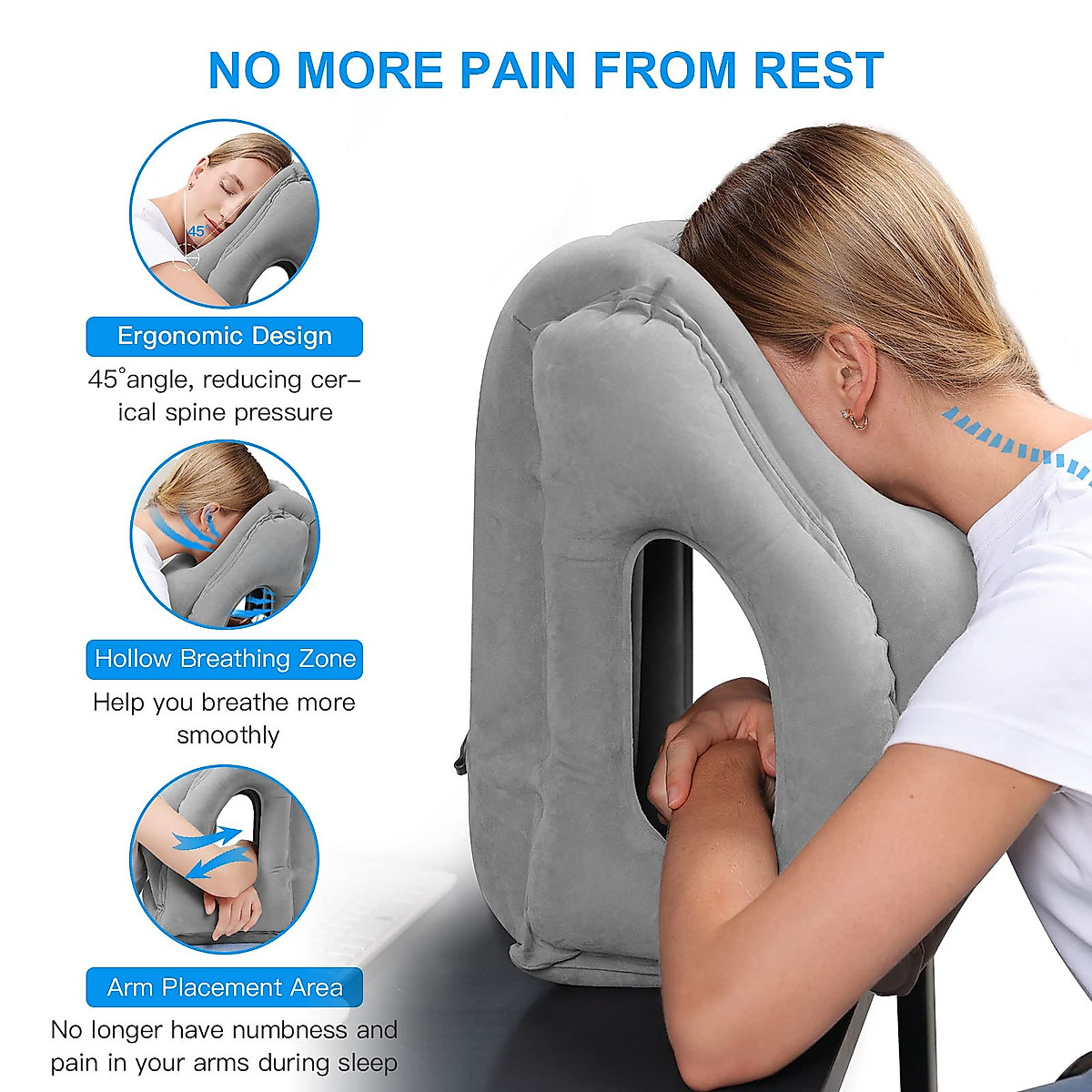 HOMCA Travel Pillow, Portable Head Neck Rest Inflatable Pillow from, Design for Airplanes, Cars, Buses, Trains, Office Napping, Camping - Includes Free Eye mask