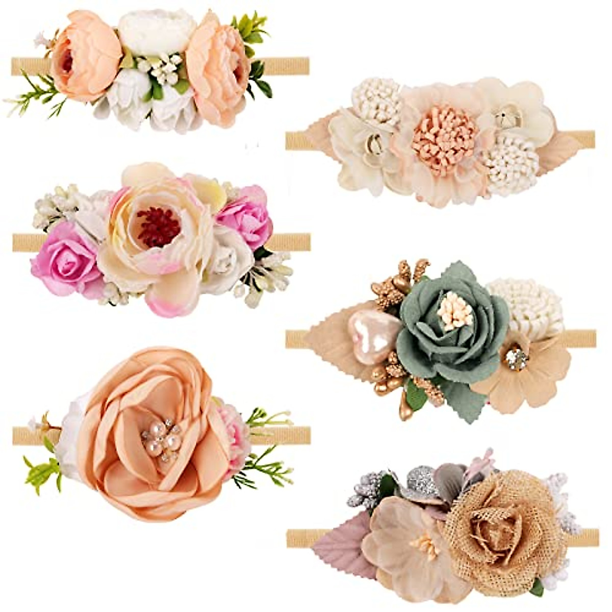 PABOBIT 6PCS Baby Girl Flower Nylon Headband-Elastic Hair Band Handmade Bow For Newborn Infant Toddler (Flowers-1, L)