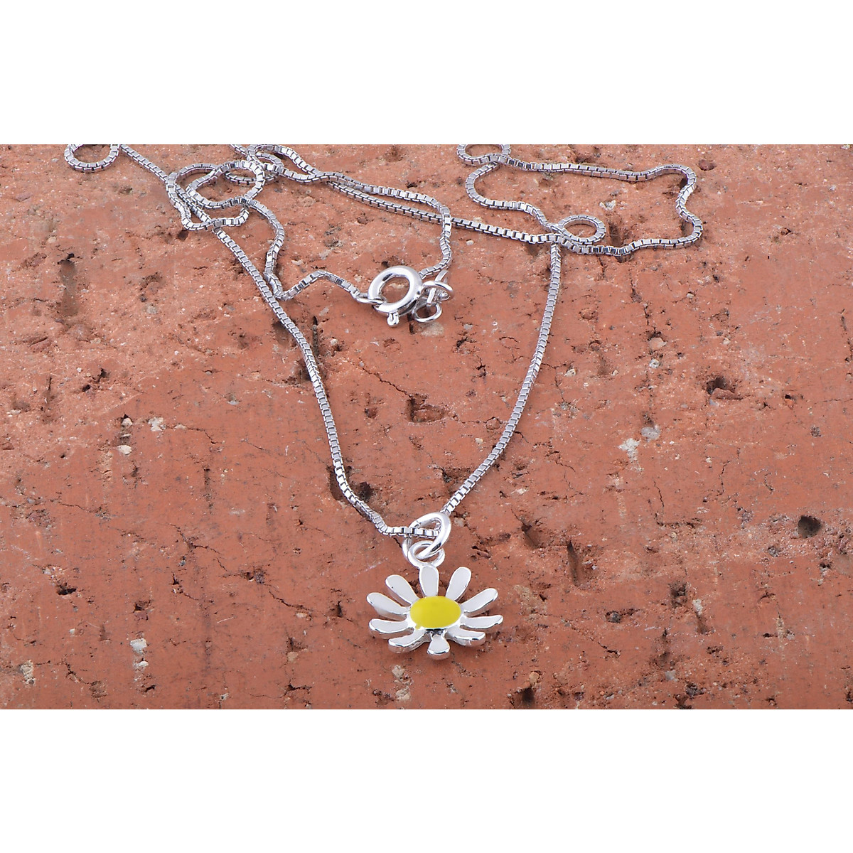 Sterling Silver Ladies Yellow White Enamel Daisy Flower Necklace for Women