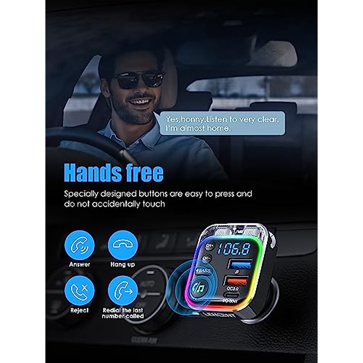 LENCENT Bluetooth 5.3 FM Transmitter,PD 30W & QC3.0 Fast Charger Bluetooth car Adapter,Hi-Fi Music/Clear Calling car FM Bluetooth Adapter