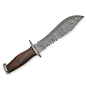 SFG - 13" Fixed Blade Hunting Bowie Knife, Damascus Steel Blade, Non-Slip Walnut Wood Handle, Lanyard Hole, Hunting, Camping, Backpacking, Fishing, Unique Gift Item For Him
