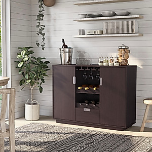 Furniture of America Mendocino Contemporary 1-Drawer, Wood Frame Dining Buffet with Wine and Glasses Display Racks, Espresso