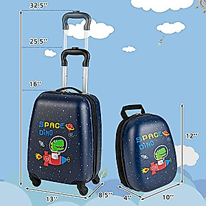 Olakids Kids Luggage Set, 16’’ Carry on Suitcase and 12’’ Travel Backpack with Rolling Spinner Wheels for Boys Girls, 2 Pcs Trolley Case Gift for Children Toddlers (Space Dinosaur)