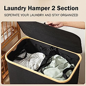 YOUDENOVA 145L Double Laundry Hamper with Lid, Black Laundry Basket with Lid & Removable Bag, Collapsible Laundry Basket Organizer, Dirty Clothes Hamper with Lid for Bedroom, Living Room