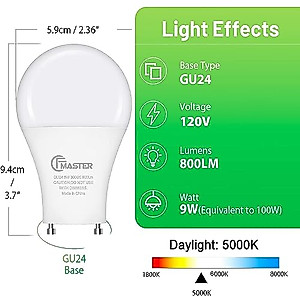 CFMASTER GU24 Led Light Bulb, 9W(100W Equivalent), 5000K Daylight, A19 Shape GU24 Light Bulb, 800 Lumens GU24 Led Bulb, CRI 85, Non-Dimmable ETL Listed(2-Pack)