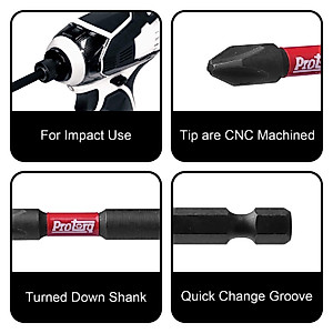 Protorq Long Impact Bit Set W/clip, 2 Phillips, 2 Square, T25 TORX, 6-Inch Length, 6-Piece,Industrial Strength, 1/4" Hex Shank