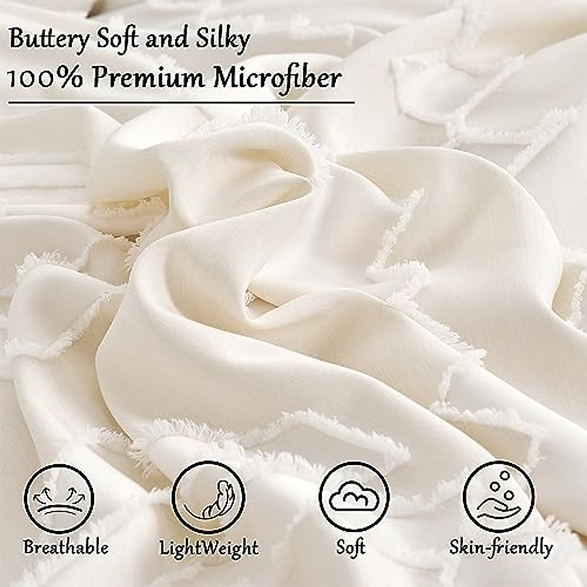 Senville White Duvet Cover Queen Size-Tufted Queen Duvet Cover Set,100% Microfiber Boho Duvet Cover,3PCS Soft and Breathable Textured Shabby Chic Bedding Set with Zipper Closure(White,Queen)