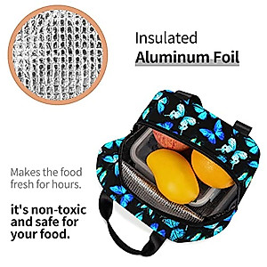 Blue Butterfly Lunch Bag Women Cute Lunch box Cooler Thermal Lunch Tote Bag Waterproof Reusable with Big Pocket for Kids Girls Work Office Picnic College