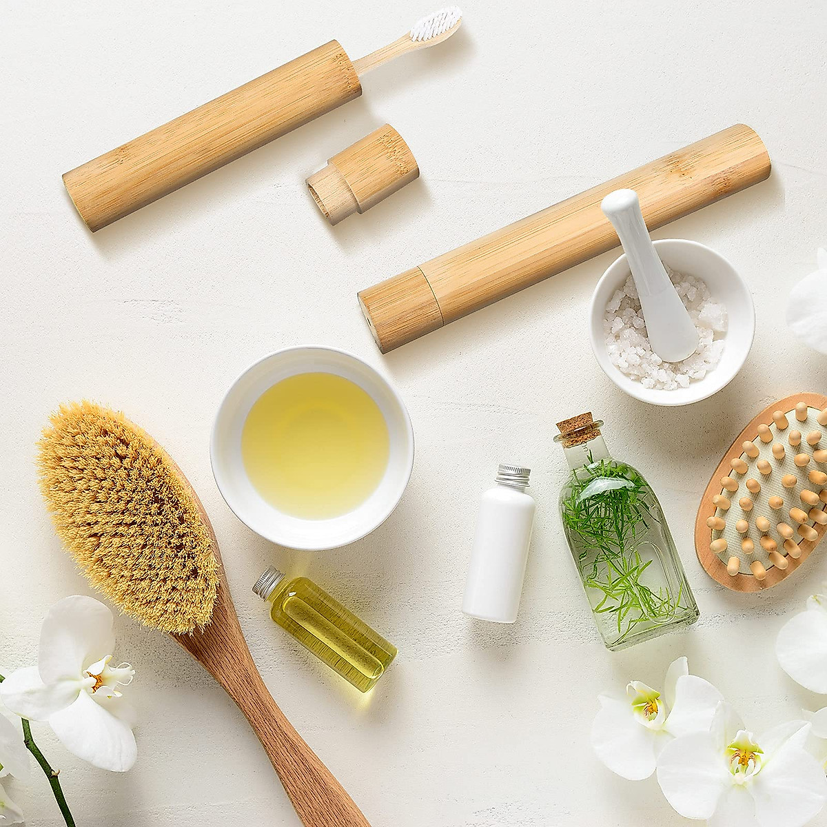 Wilzing 4 Pieces Bamboo Toothbrush Travel Case for Adults and Children, Travel Bamboo Toothbrush Holder Portable Toothbrush Storage Toothpaste Case Cover Box for Travel, Family, Camping, School