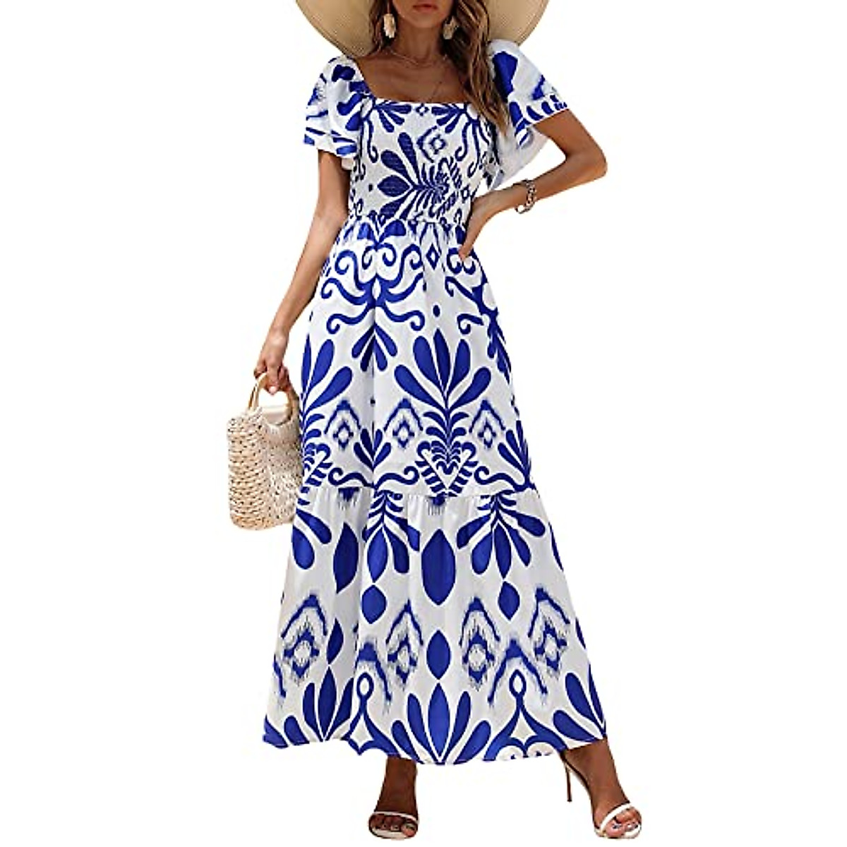 MakeMeChic Women's Floral Print Layered Short Sleeve Square Neck Ruffle High Waist A Line Summer Long Dress Blue and White XL