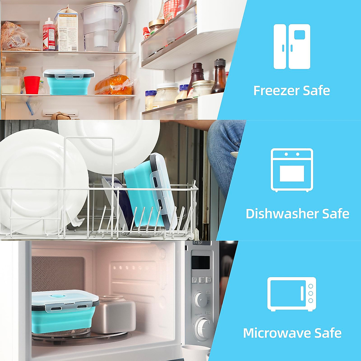 GEMLORD 10 Pieces Collapsible Food Storage Containers Foldable Silicone Lunch Containers with Airtight Lids, 5 Pcs Rectangle and 5 Pcs Round Food Bowls for Kitchen Microwave Freezer Dishwasher Safe