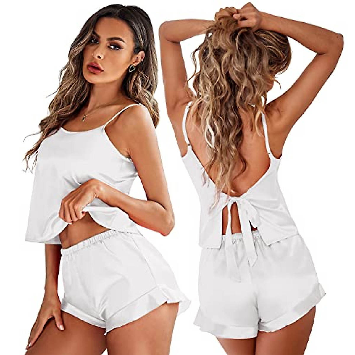Ekouaer Silk Pajamas Set for Women Backless Cami Short Set Satin Lounge Set Sets Comfy Sleepwear for Wife White