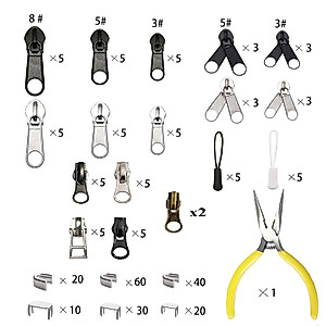 Zipper Repair Kit 255 Pcs Zipper Replacement Kit with Zipper Install Pliers Tool and Zipper Extension Pulls for Clothing Jackets Purses Luggage Backpacks Tents Sleeping Bag