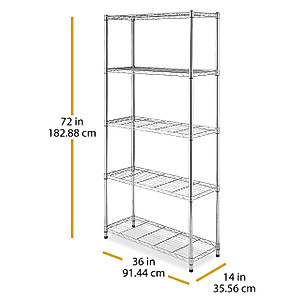 Whitmor Supreme 5 Tier Shelving with Adjustable Shelves and Leveling Feet - 350 lb. Capacity per Shelf - Chrome