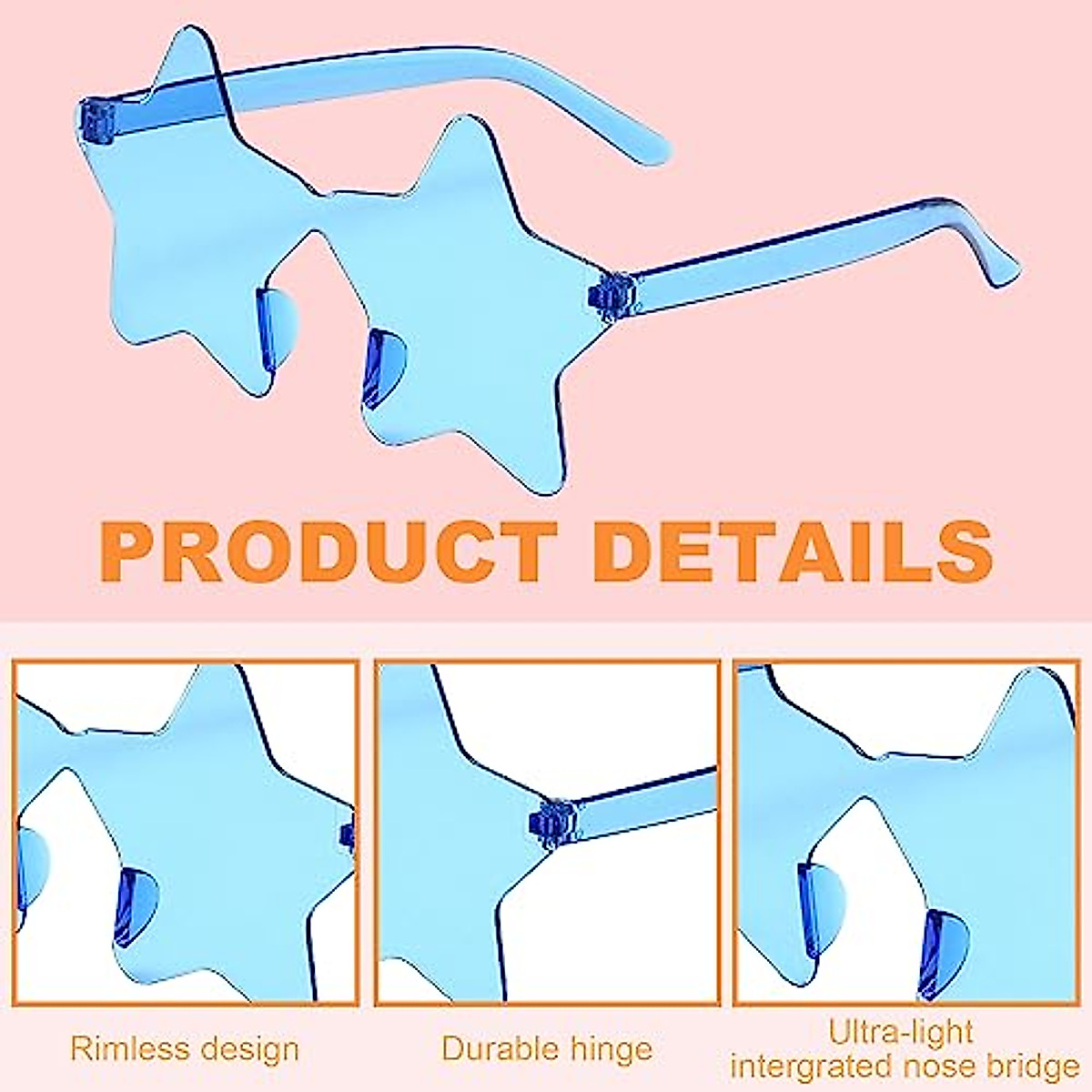 REHALY Blue Star Shaped Sunglasses, Colorful Transparent Rimless Pentagram Star Sunglasses for Adult Kids Party Favor Supplies