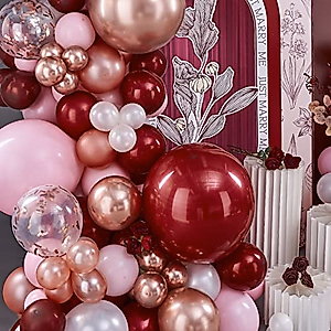 PartyWoo 140 pcs Burgundy Red and Pink Balloon Garland, Double-stuffed Burgundy Balloons, Metallic Rose Gold Wine Red Light Pink Balloon Arch Kit for Birthday Decorations, Baby Shower, Wedding