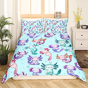 Manfei Cartoon Axolotl Bedding Set Twin Size for Bedroom Decorative,Cute Purple Blue Wildlife Animal Duvet Cover,Green Polka Dots Sea Creature Bedding Quilt Cover with 1 Pillow Cases