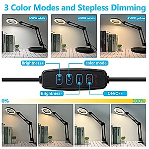 5X Magnifying Glass with Light and Stand, KIRKAS 2-in-1 Real Glass Lens Magnifying Desk Lamp with Clamp, 3 Color Modes, Stepless Dimmable Magnifier Light for Close Work Repair Reading Crafts- Black