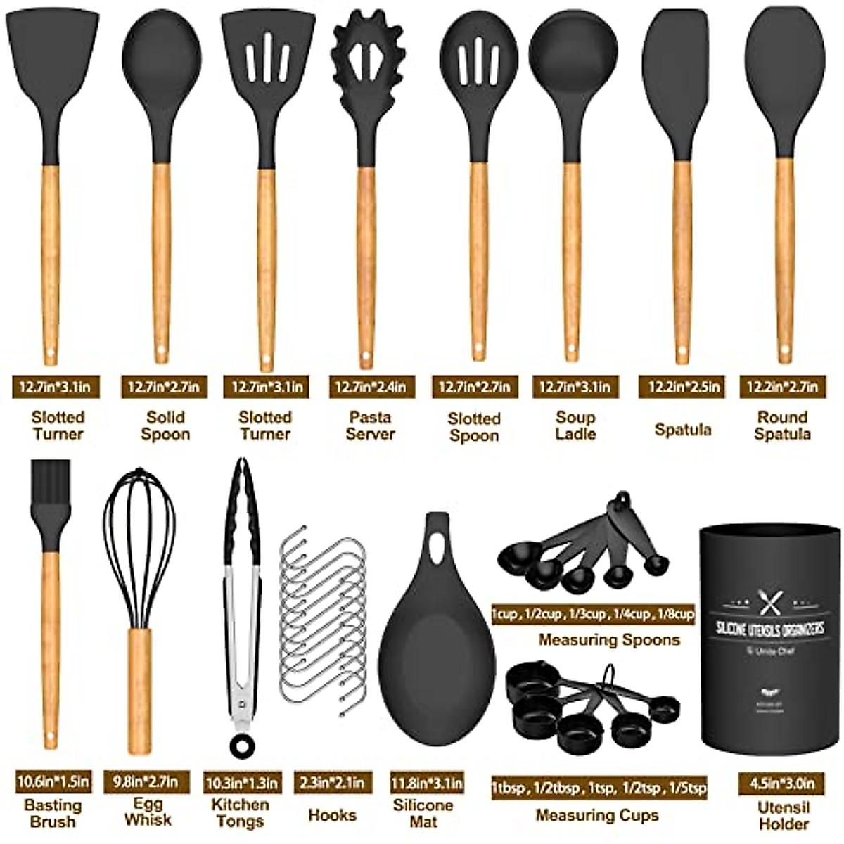 Umite Chef Kitchen Cooking Utensils Set, 33 pcs Non-Stick Silicone Cooking Kitchen Utensils Spatula Set with Holder, Black Wooden Handle Silicone Kitchen Gadgets Utensil Set