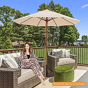 TANGKULA 9.5 FT Pulley Lift Round Patio Umbrella, Wooden Market Umbrella W/Rope Pulley Mechanism, 8 Fiberglass Ribs, Portable Table Parasol, Outdoor Sun Umbrella for Garden, Yard, Deck, Pool (Beige)